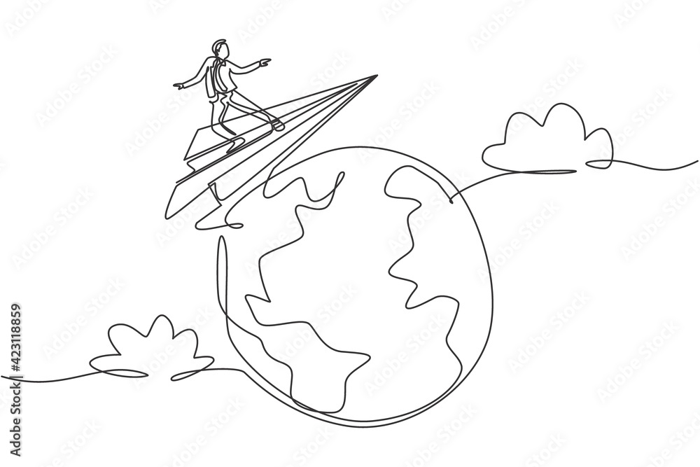 Single one line drawing young smart business man flying with paper ...