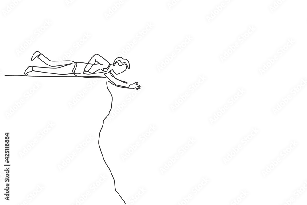 Single continuous line drawing young business man lay down on edge ...