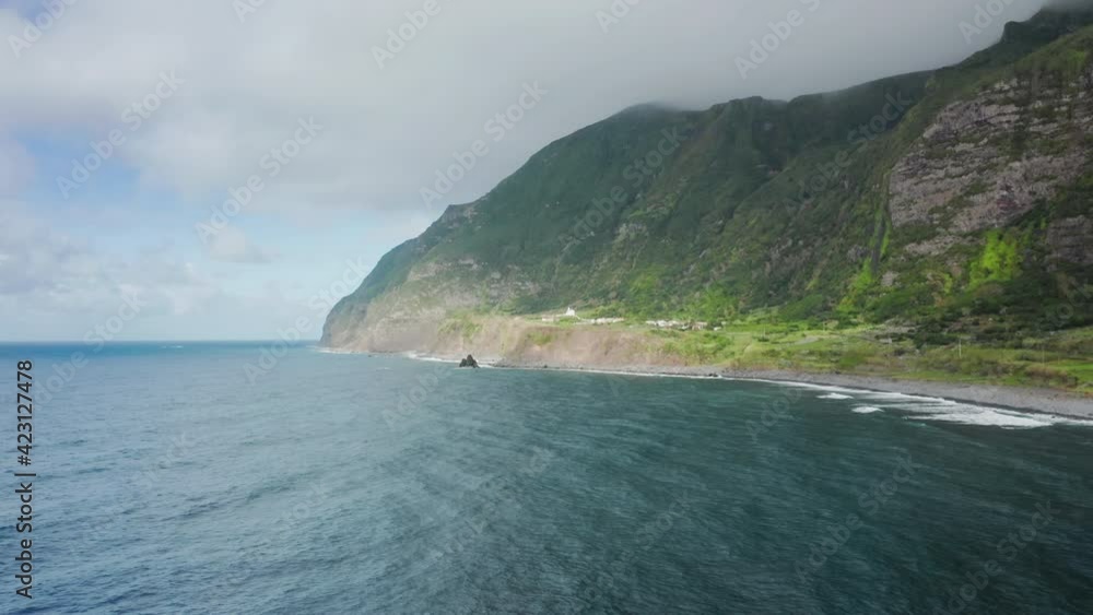 Flores Island, Azores, Portugal. Aerial view of the beach along the ...