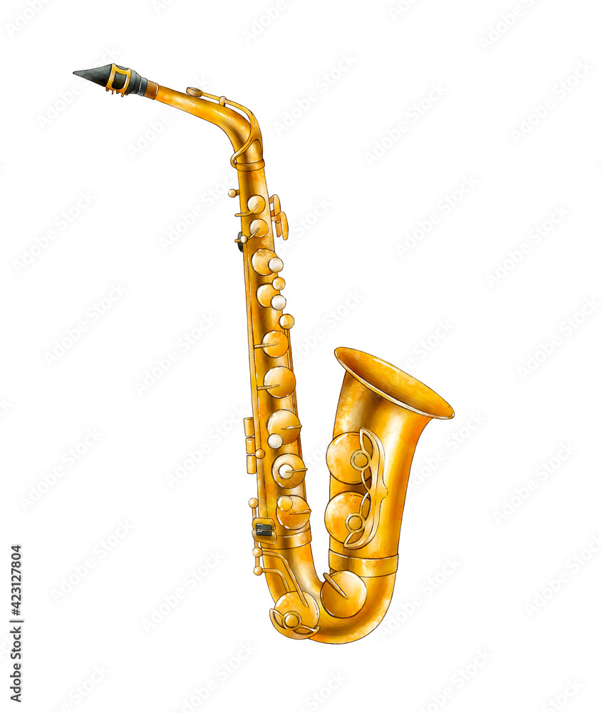Watercolor golden saxophone on white background. Realistic detailed ...