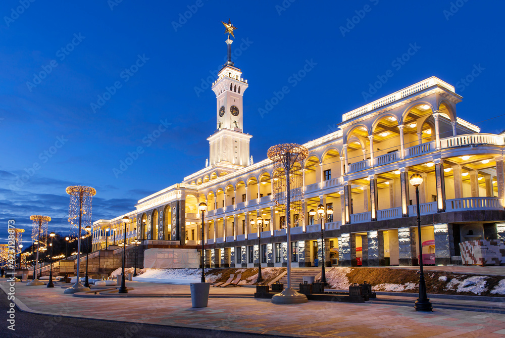 Moscow, Russia, building of the Northern river station in the evening ...