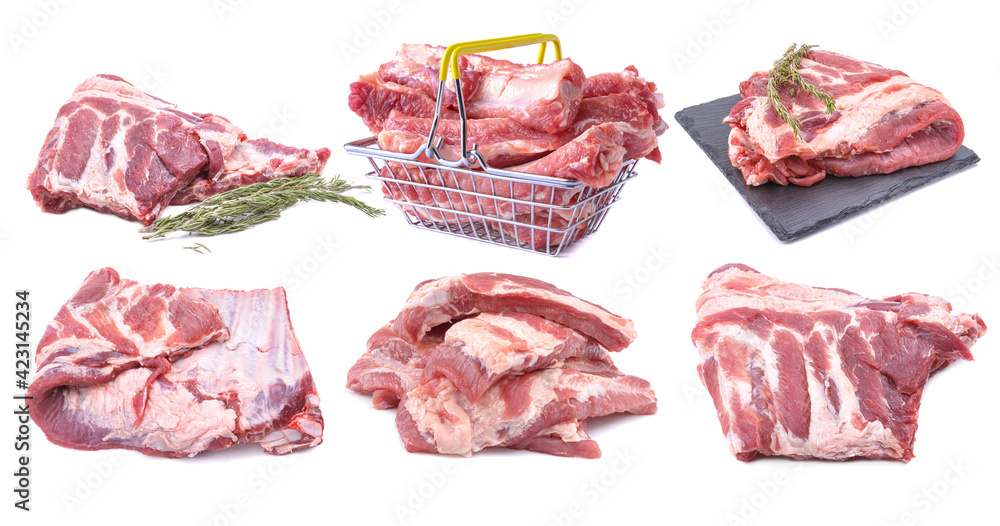 Meat set.Raw pork and beef ribs from different angles isolated on a ...