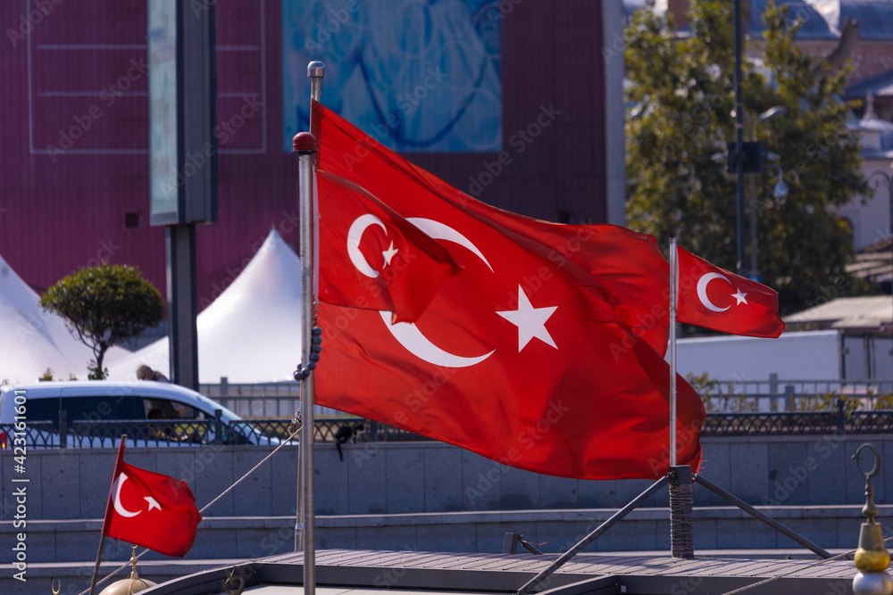 Turkish flag, on a red background white star and moon. Turkish flag ...