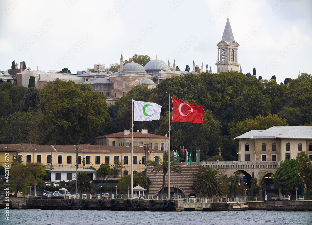 Turkish flag, on a red background white star and moon. Turkish flag ...