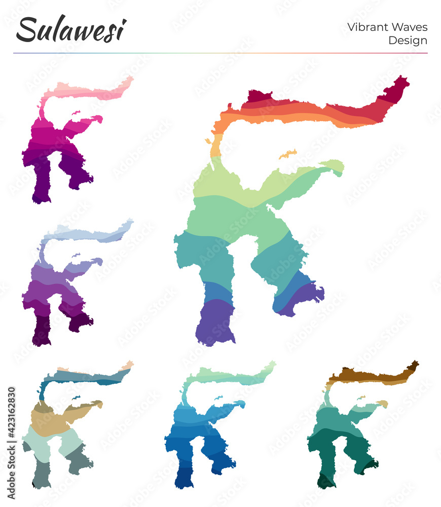 Set of vector maps of Sulawesi. Vibrant waves design. Bright map of ...