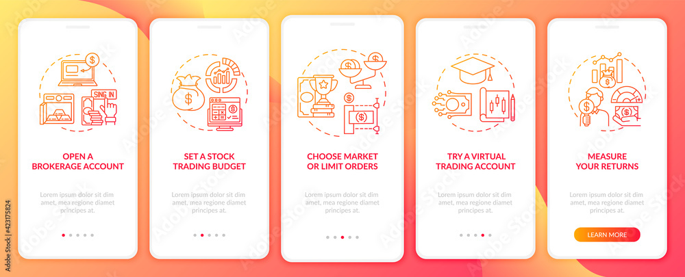 Trading steps onboarding mobile app page screen with concepts. Opening ...