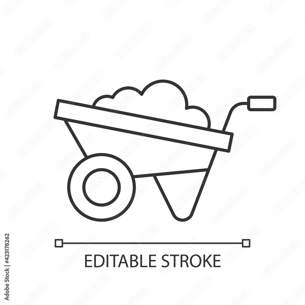 Wheelbarrow linear icon. Small opencart. Hand-propelled vehicle. Stones ...