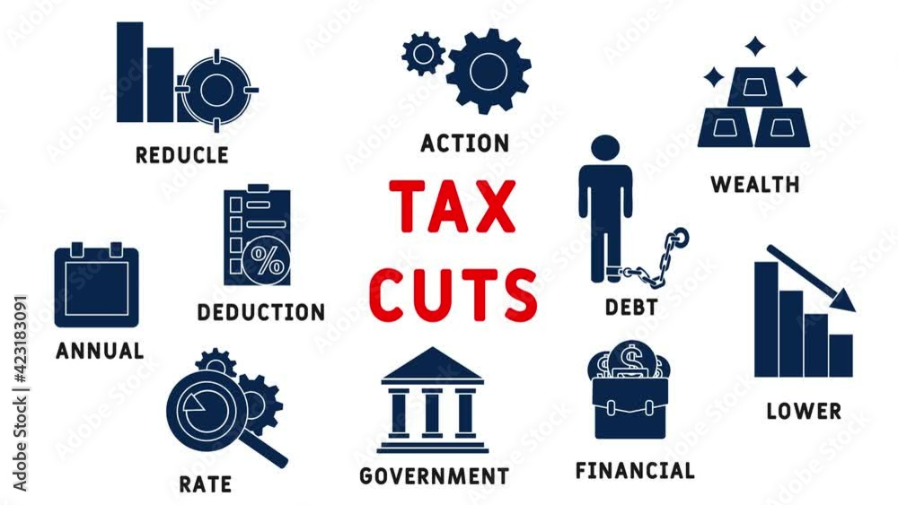 Tax cuts, icons and words in a cloud motion background concept ...