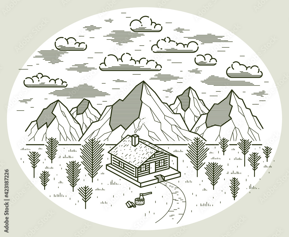 Log cabin wooden house in pine forest over mountain range vector nature ...