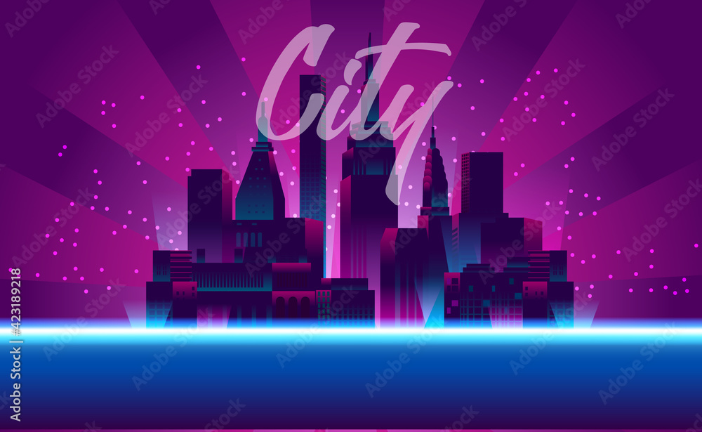 Illustration of neon city night with skyscraper building with glow ...