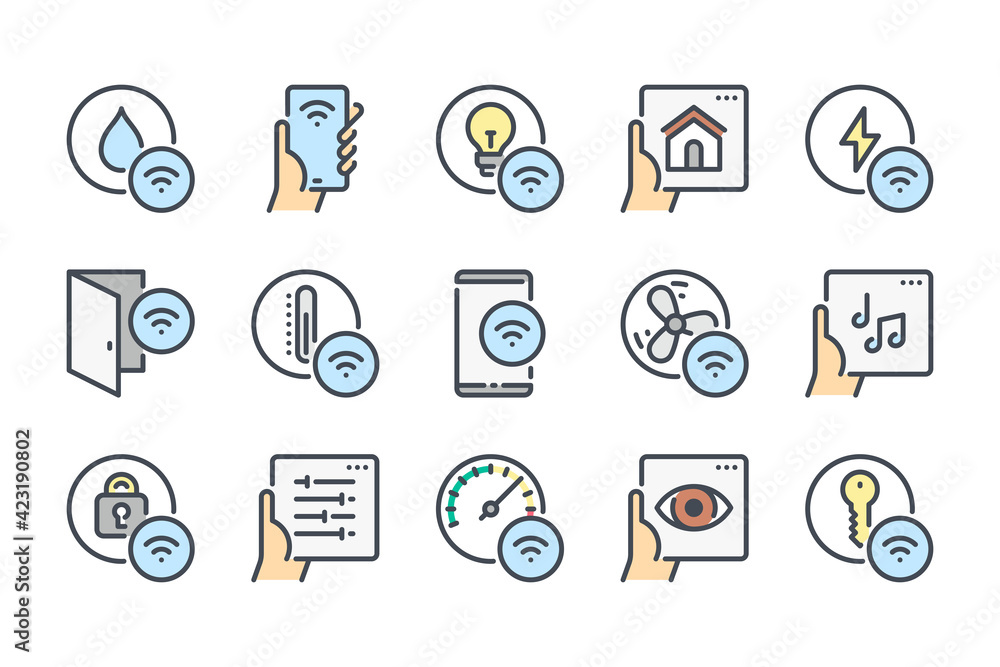 Smart house remote control color line icon set. Smart home network ...
