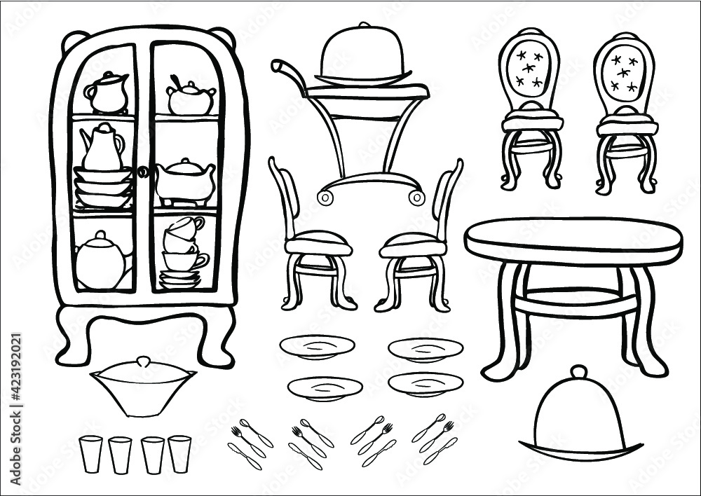 Ready to print vector coloring page of the furniture for dining room ...