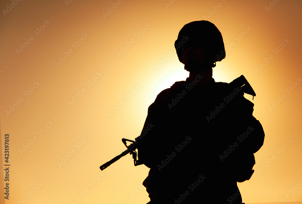 Half-length silhouette of army infantry shooter, special operations ...