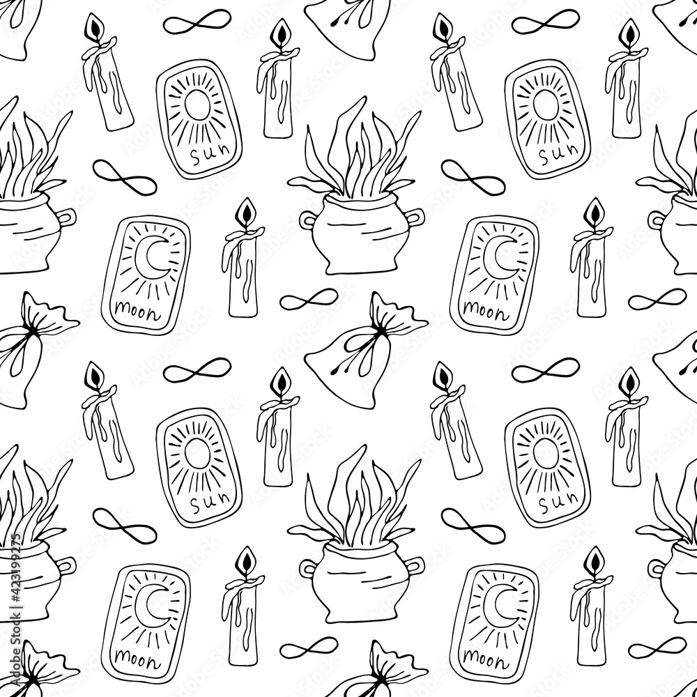 Black outline seamless pattern in modern mystical style. Vector boho ...