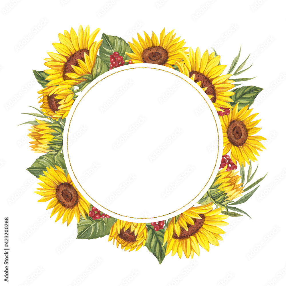Round frame with watercolor sunflowers on a white background. In the ...