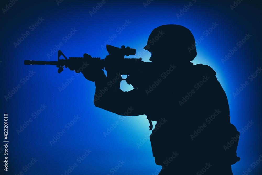Modern army infantry soldier, coast guard rifleman aiming assault rifle ...