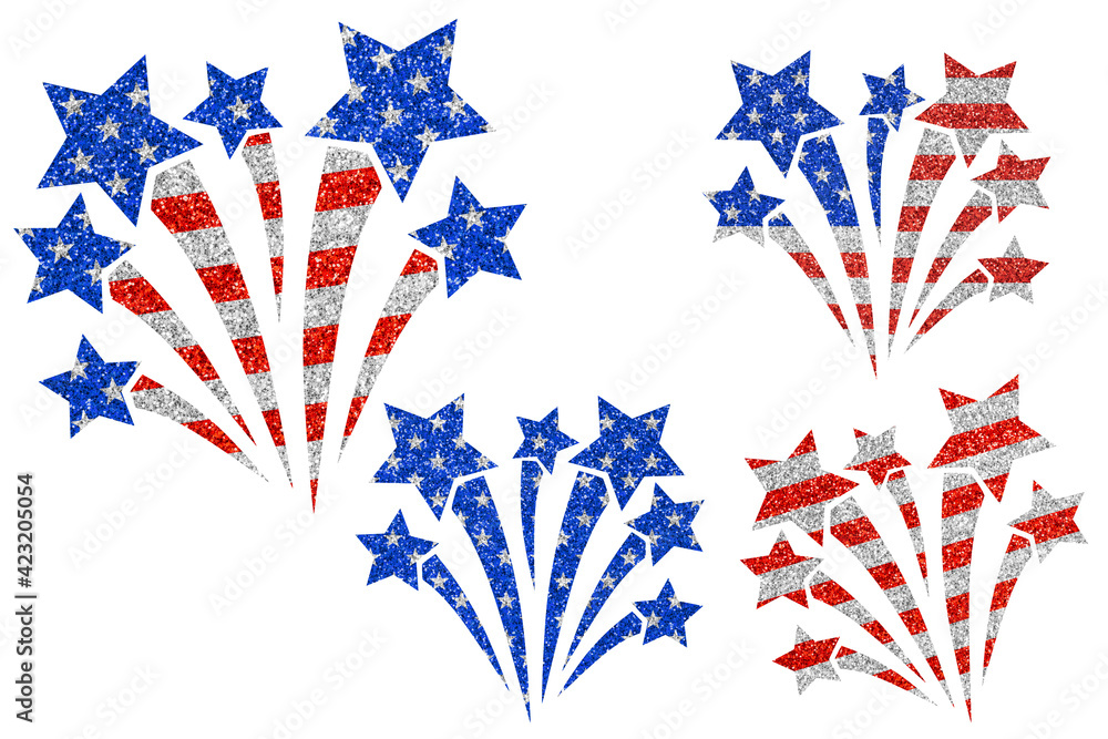 Bright USA patriotic clip art set. Fireworks in colors of national flag ...