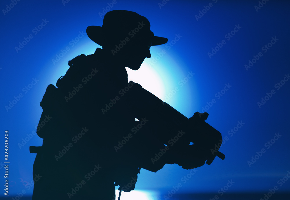 Silhouette of army special forces commando, soldier in boonie hat ...