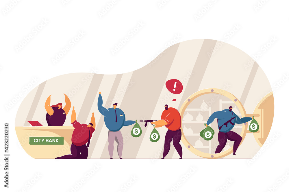 Vektorová grafika „Bank robbery by masked criminals with guns. Armed ...