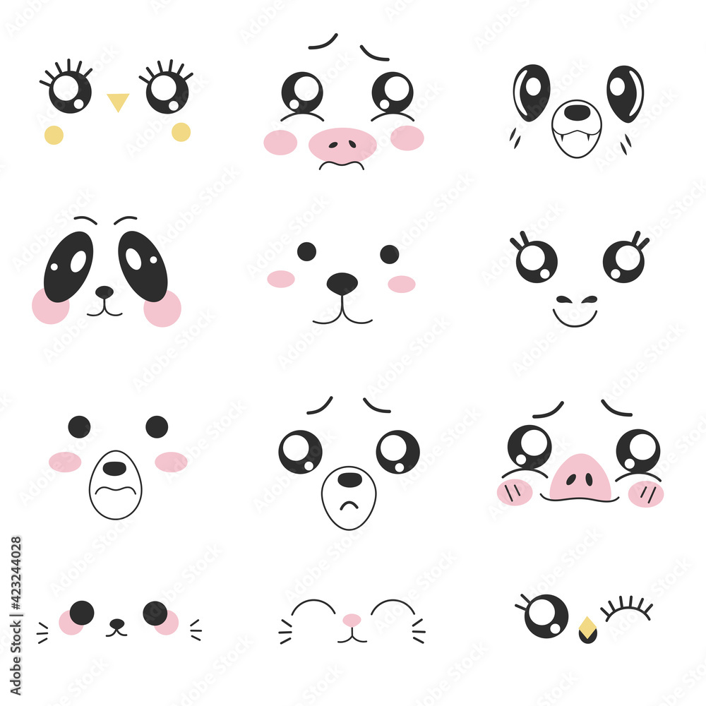 Cute set kawaii animal faces Stock Vector | Adobe Stock