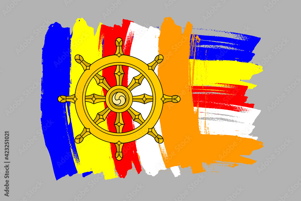 Flag of Buddhism with Dharma wheel. Symbol of Buddhism banner brush ...