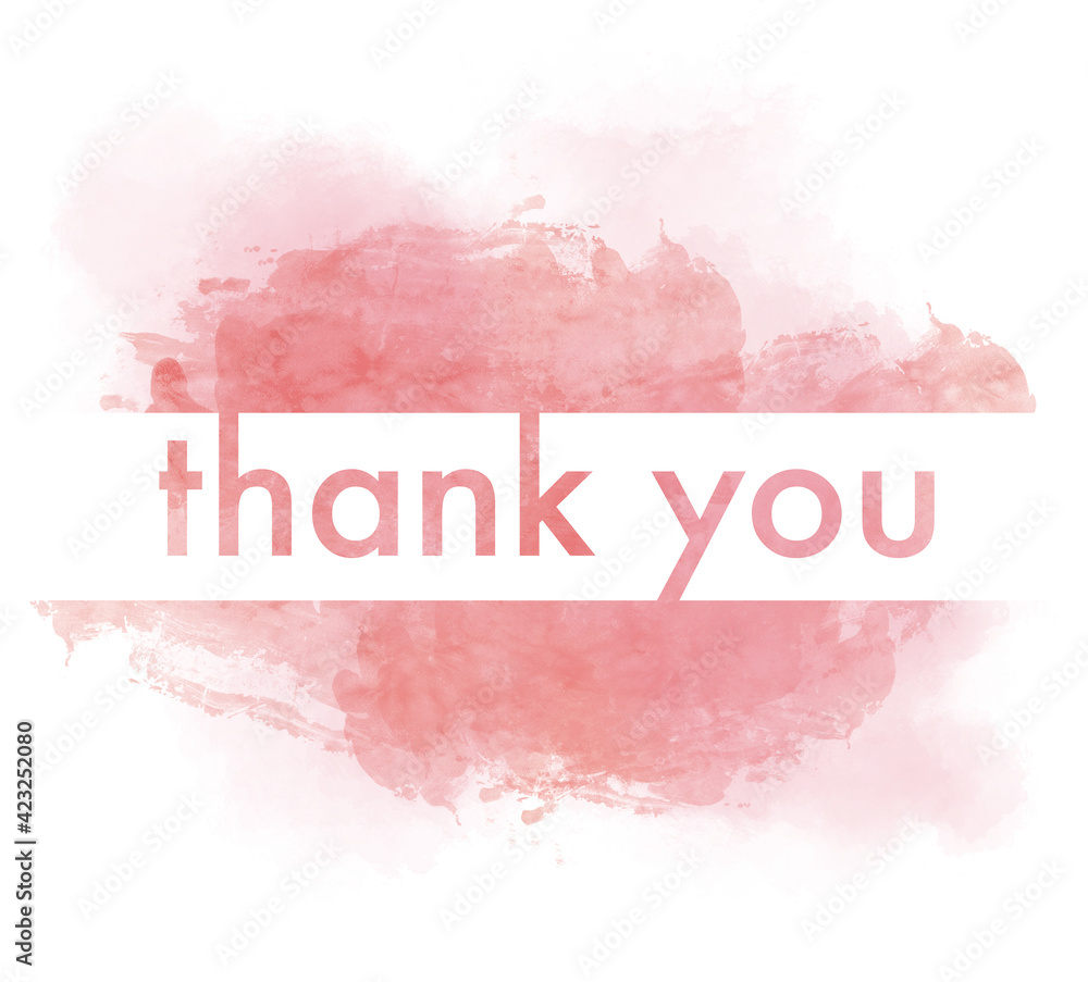 Thank you card on watercolor pink background. White card on a watercolor pink background ...