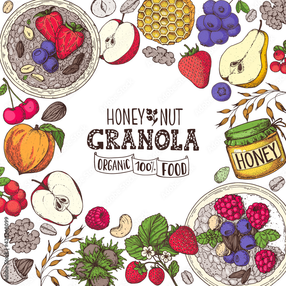 Granola illustration. Oat flakes , berries, fruits and nuts. Breakfast ...