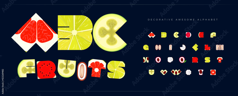 Fresh fruit font for logo tropical fruity. Alphabet for restaurant and ...