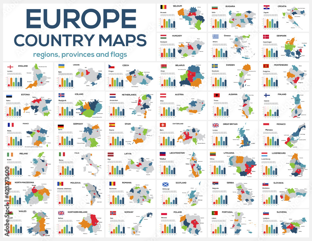Set of maps of the countries of Europe. Image of global maps in the ...