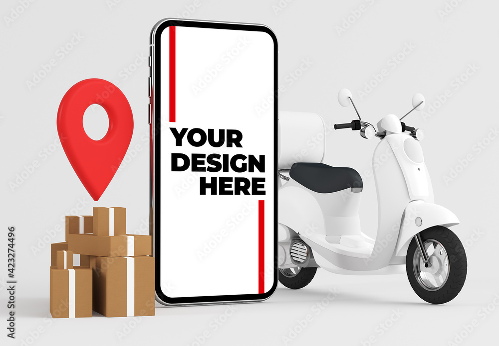 Smartphone Mockup with Motorbike, Packages and Pinpoint Stock Template ...