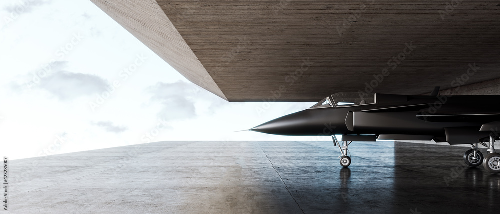 Jet fighter in concrete secret military war base ready to take of 3D ...