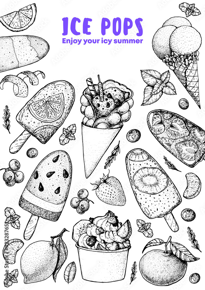 Popsicle ice cream, hand drawn vector illustration. Ice tea and ice ...