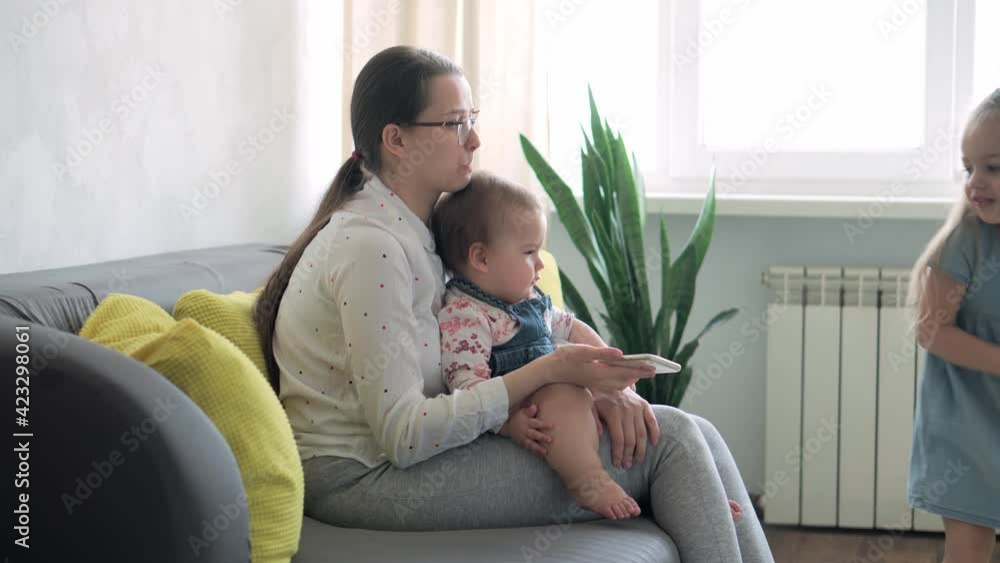 caucasian family little children girl boy and mom talking in video ...
