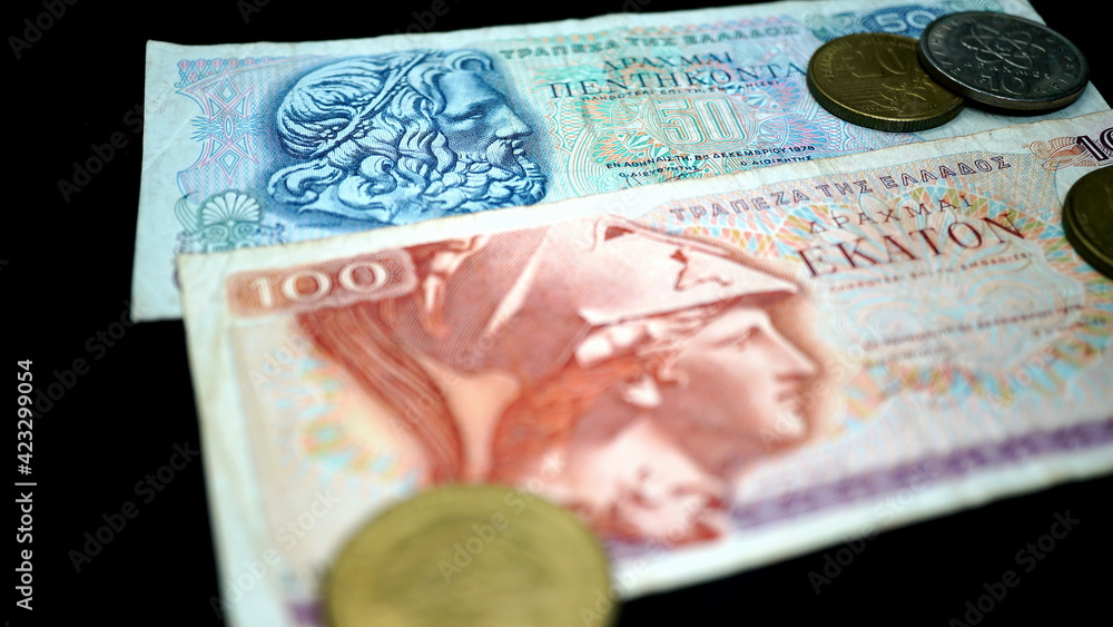 Banknotes and drachma coins. name of a coin of ancient Greece, taken up ...
