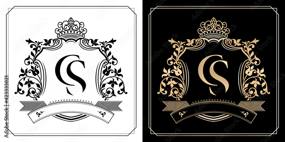 CS royal emblem with crown, set of black and white labels, initial ...