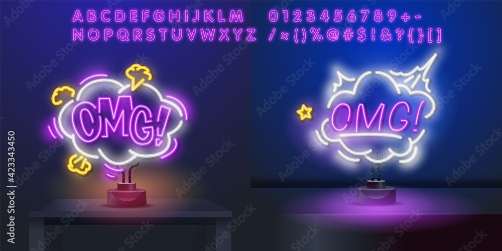 Pop art icons set. Pop art neon sign. Bright signboard, light banner ...