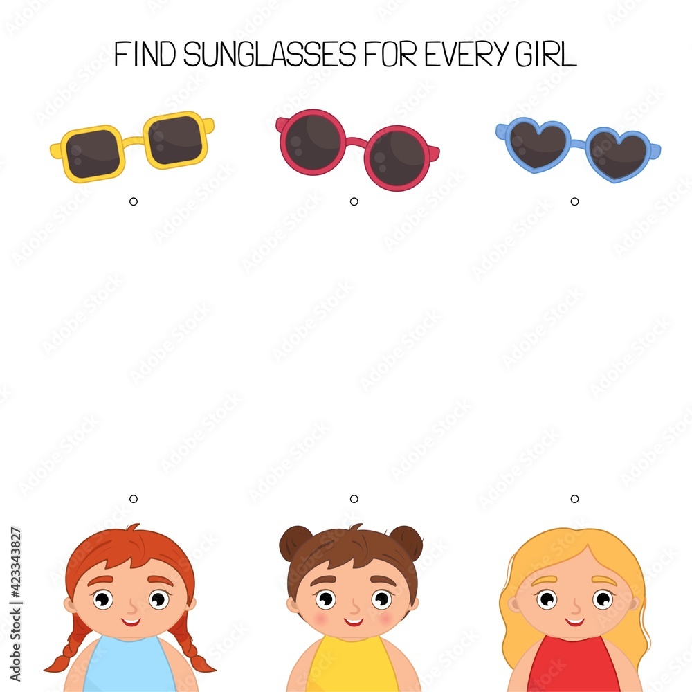 Matching children educational game. .Find sunglasses for every girl ...