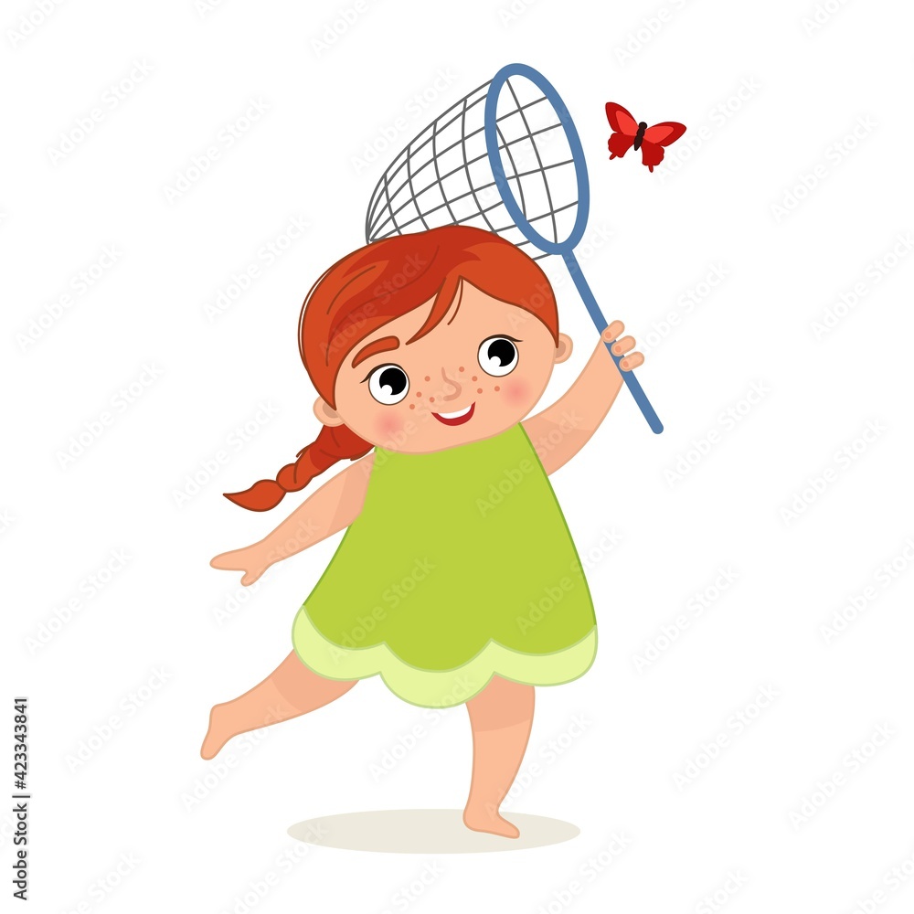 Cartoon illustration of a cute girl catching a butterfly with a ...