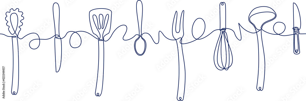 Kitchen tools. Continuous one line drawing kitchen utensils, cooking ...