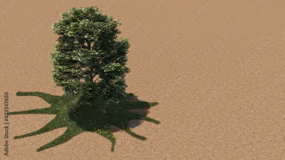 Small Grassy Area with a Single Tree in the Middle of a Barren Land 3D ...
