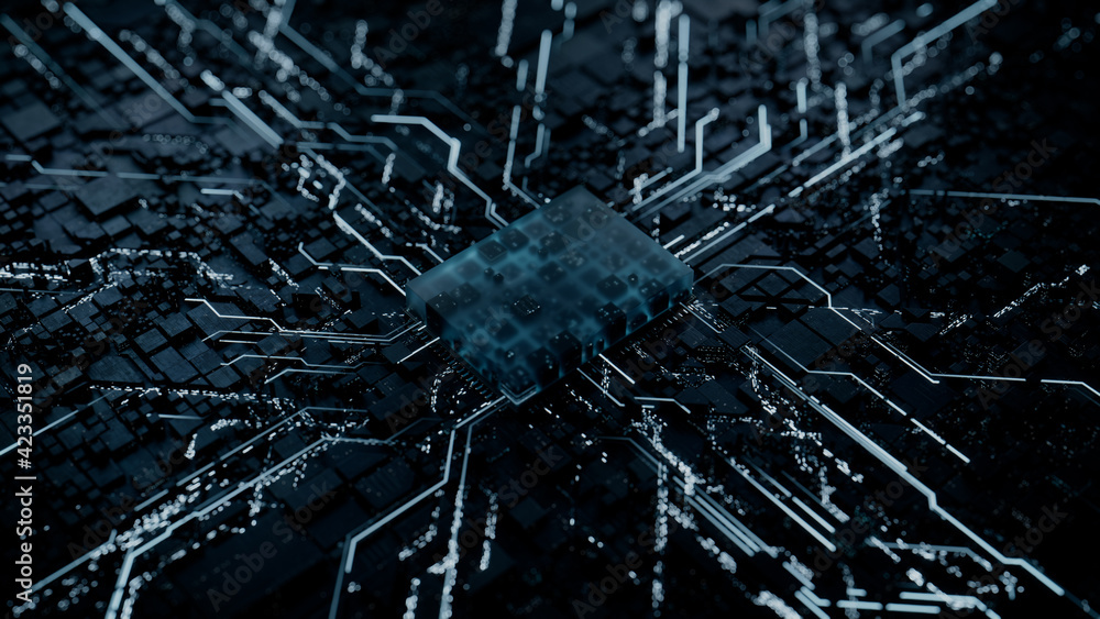 Advanced Technology Concept with Microchip. White Neon Data flows from ...