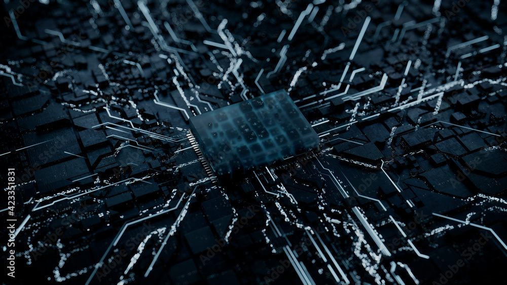 Advanced Technology Concept with Microchip. White Neon Data flows from ...