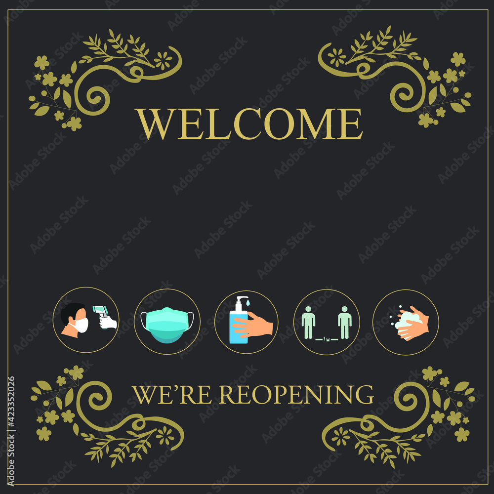 Welcome now open keep social distance and use face mask. Vector.Welcome ...