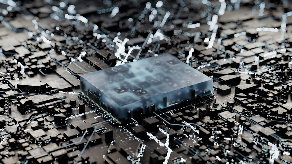 Advanced Technology Concept with Microchip. White Neon Data flows from ...