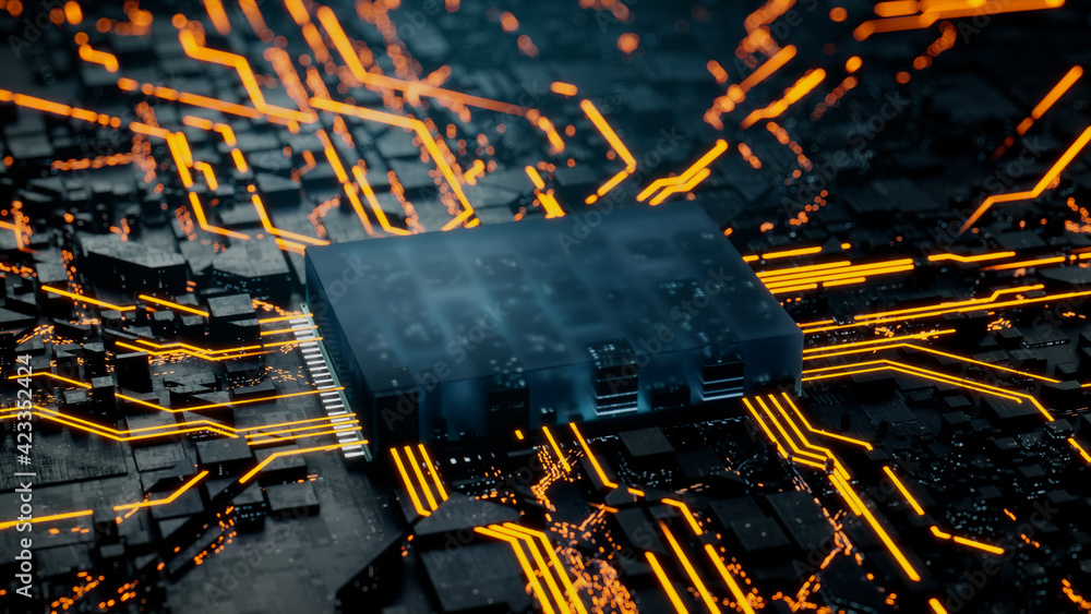 Advanced Technology Concept with Microchip. Orange Neon Data flows from ...
