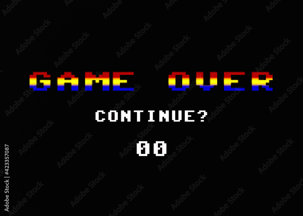 A vintage 8 bit game over screen: the request to continue, a countdown ...