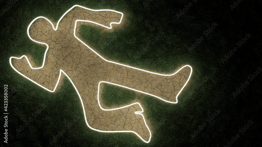 Illuminated Dead Body Outline over a Barren Area in the Middle of a ...