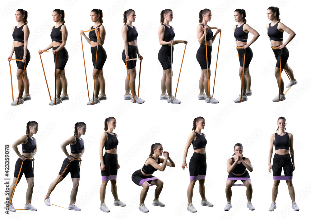 Set of different resistance band stretching exercises for legs or arms ...