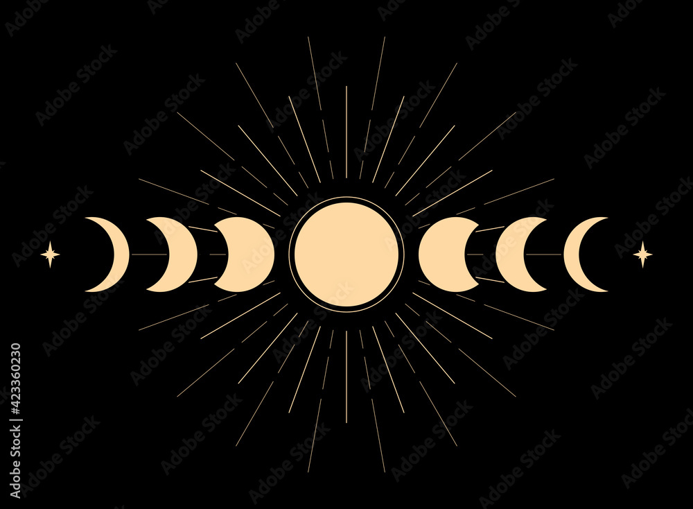 Moon phases in vintage style. Vector illustration. Line art Stock ...