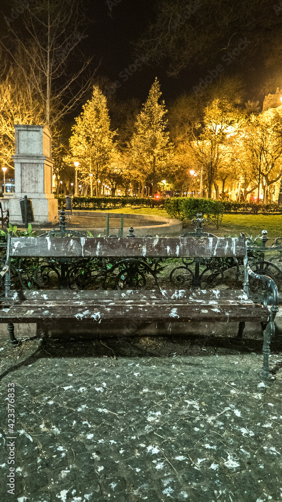 Park Bench covered in abnormal amount of Pigeon Feces Stock Photo ...